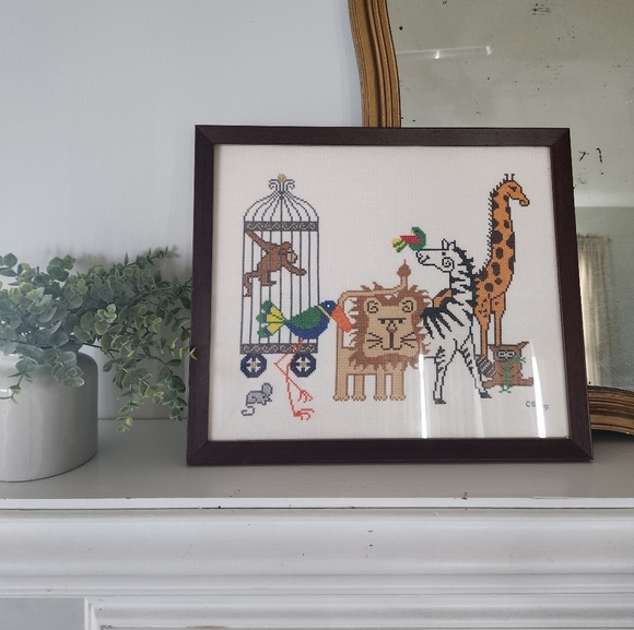 None | Art | Vintage Cross Stitch Zoo Art Made In 979 Nursery Kids Decor | Poshmark